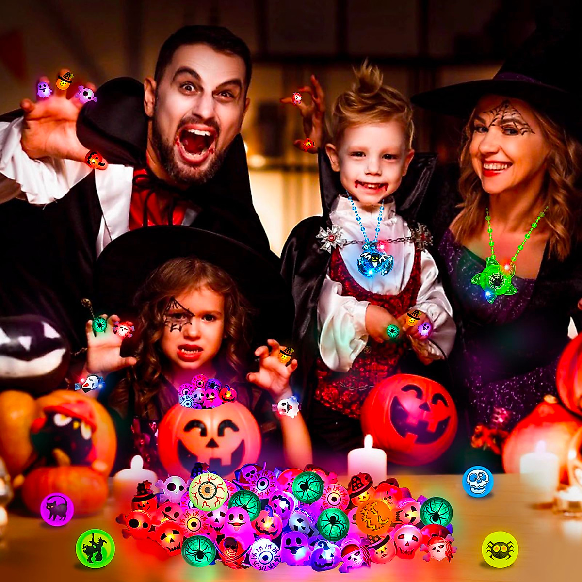 64Pcs Halloween Party Favors for Kids, Glow in The Dark Halloween Toys Bulk Light Up Rings Necklaces Bracelet Halloween Goodie Bag Fillers Stuffers Halloween Treats for Classroom Prizes Trick or Treat