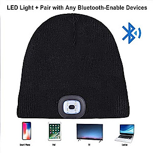 ASIILOVI Bluetooth Beanie LED Headlamp, Bluetooth 5.0 Winter Warm Knit Hats Cap with Double Fleece Lined, Mic and HD Speakers, Gifts for Outdoors Family Christmas-Unisex Black