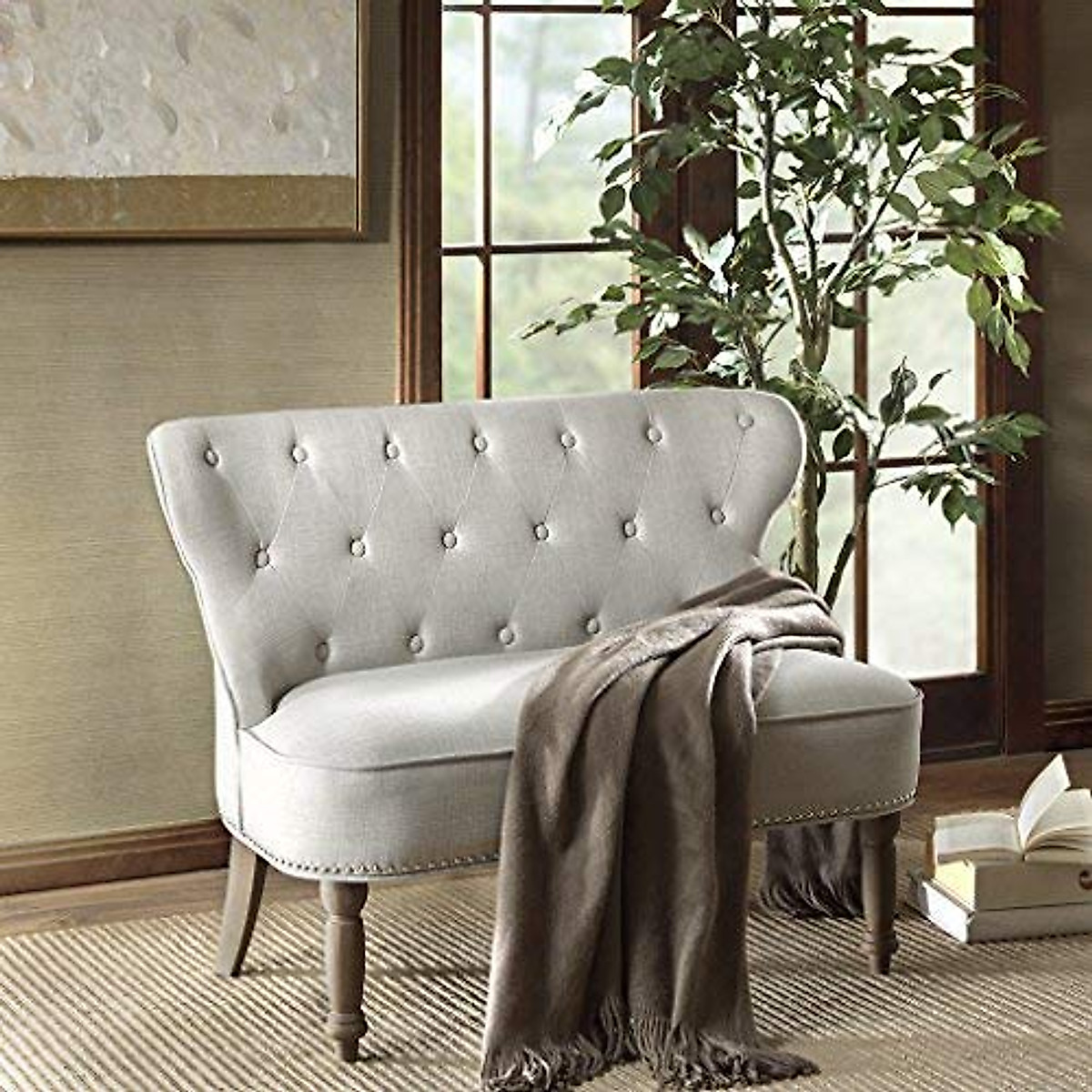 Madison Park Stanford Accent Loveseat - Solid Wood, All Foam Two Seat Settee - Tan Mid-Century Style Two Seat Sofa - 1 Piece Retro Accent Love Seat for Living Room, See Below