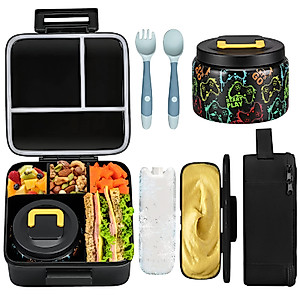 JXXM Bento Lunch Box for Kids With 8oz Soup thermo,Leak-proof Lunch Containers with 5 Compartment,thermo Food Jar and Lunch Bag, Food Containers for School (A-Black(Game Consoley))