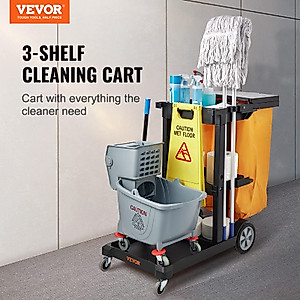 VEVOR Cleaning Cart, 3-Shelf Commercial Janitorial Cart, 200 lbs Capacity Plastic Housekeeping Cart, with 25 Gallon PVC Bag and Cover, 47" x 20" x 38.6", Yellow+Black