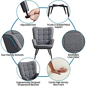 Yaheetech Accent Chair with Footrest, Armchair and Ottoman with High Back and Metal Legs Single Oversized Sofa Club Chair and Ottoman Set for Living Room Bedroom Office, Grey