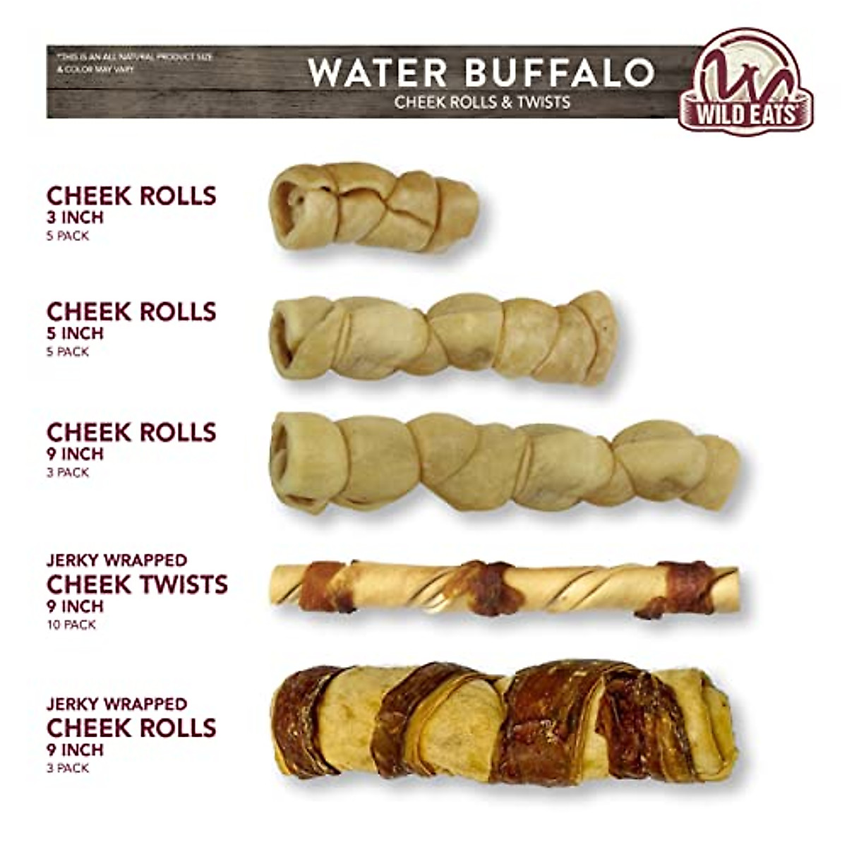 Wild Eats Water Buffalo Retriever Style Cheek Roll Dog Chews-5 Pack (Long Lasting Dog Chews, Dog Treats, Dog Bones for Aggressive Chewers & Dog Bones for Large Dogs) Great Substitute Pig Ears for Dogs