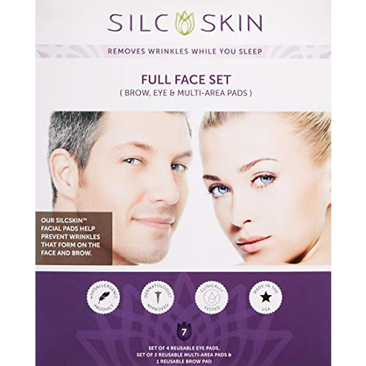 SilcSkin Facial Pad - Full Face Set Reusable Pads, Self-Adhesive Silicone Face Patches, Wrinkle Patches for Face and Eyes - 7 Reusable Face Pads