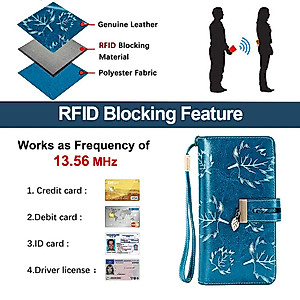 HUANLANG Women Wallets Large Ladies Leather Wallet with Coin Pocket RFID Wallet Organizer for Women with Wrist Strap (Blue Leaf)