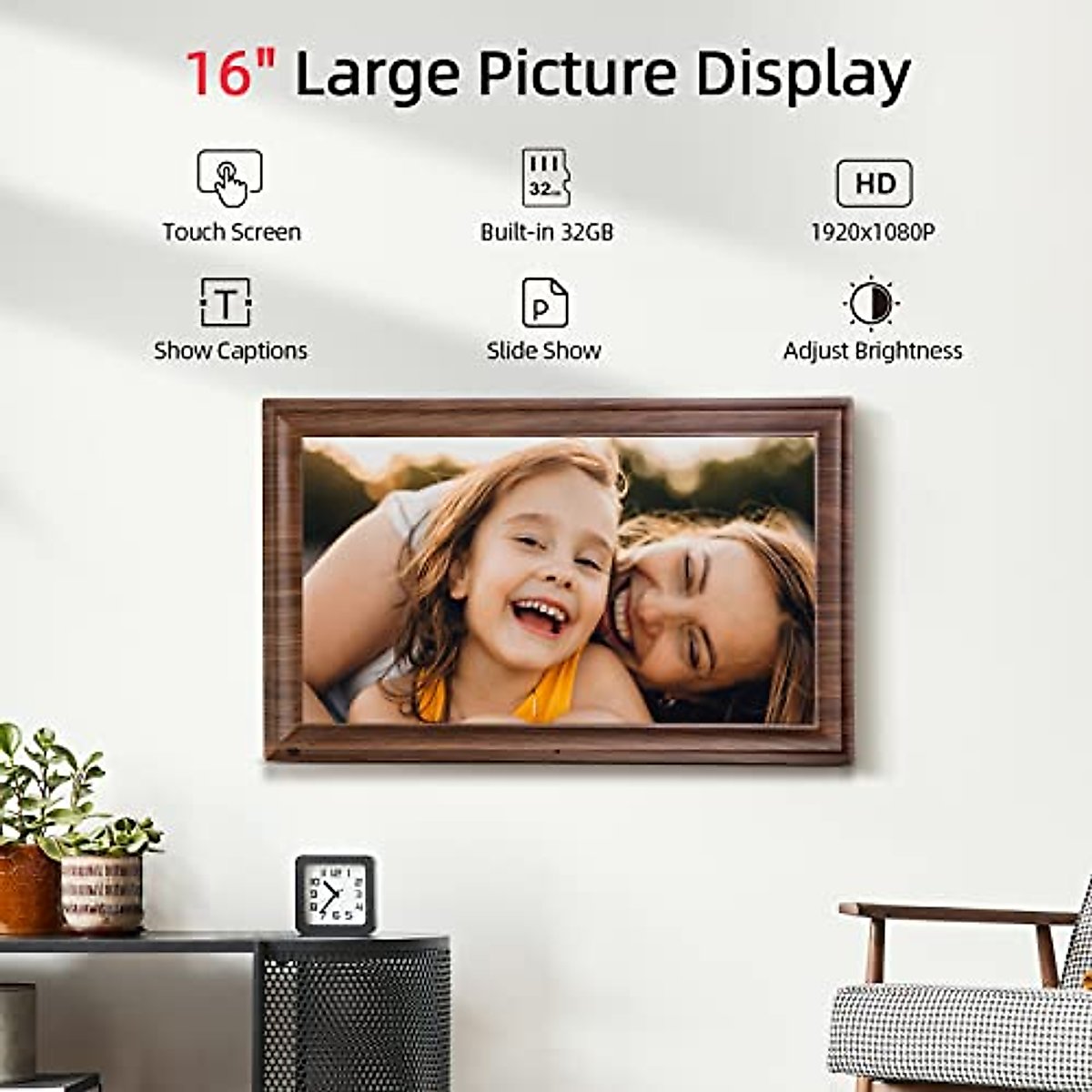 Digital Photo Frame 16 Inch WiFi Digital Picture Frame IPS HD Touch Screen Smart Cloud Photo Frame with 32GB Storage, Auto-Rotate, Share Photos or Videos Instantly from Anywhere via Frameo App