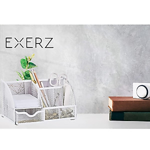 Exerz Desk Organizer White Office Desk Accessories Supplies Office Storage Desktop Pencil Pen Holder with Drawer Home Workspace