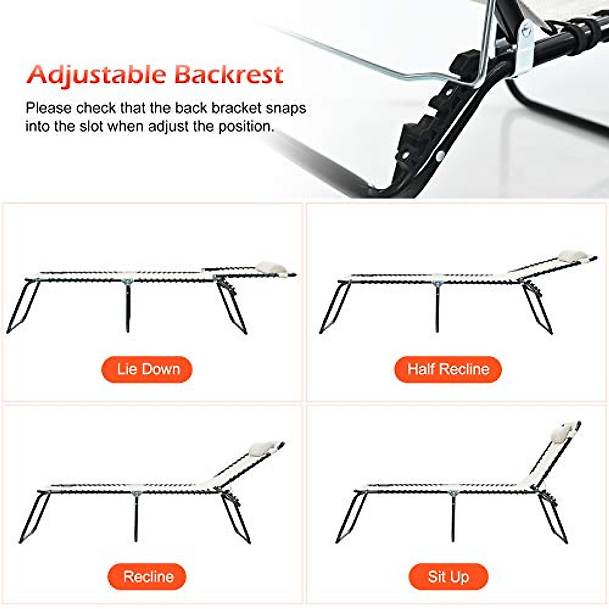 Goplus Beach Lounge Chair, Folding Chaise Lounger with Detachable Pillow & Adjustable 4-Level Backrest & 2-Level Footrest, Sun Bathing Chair for Patio Backyard Garden Outdoor