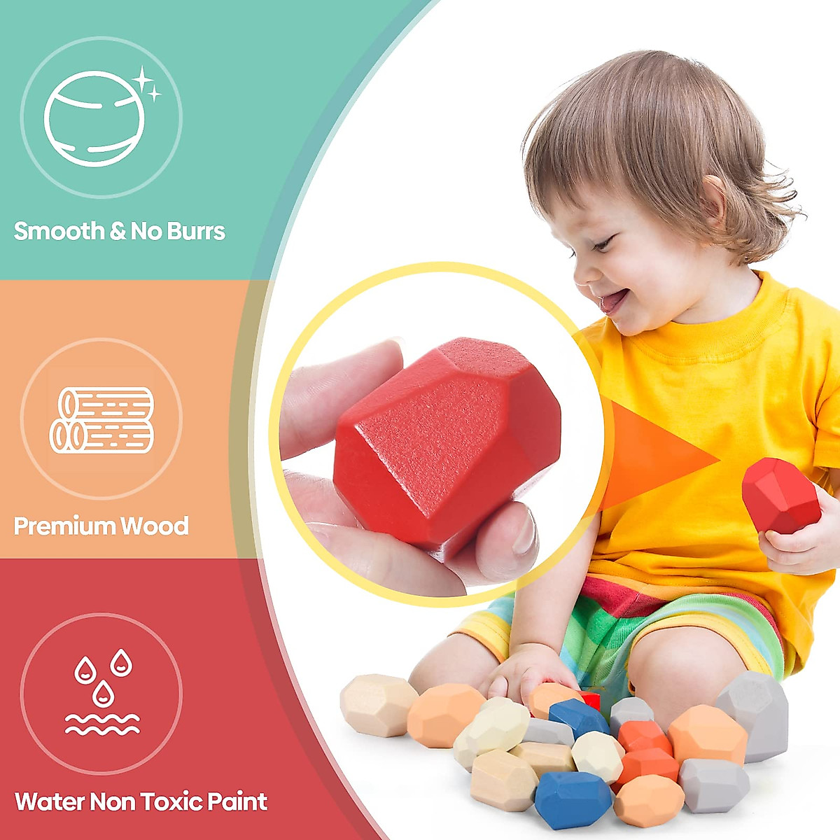 Oucles 36PCS Natural Wooden Stacking Balancing Stones Rocks for Toddlers Colorful Kids Preschool Learning Building Blocks Toys Educational Puzzle Game for Girls Boys 3 Years Up