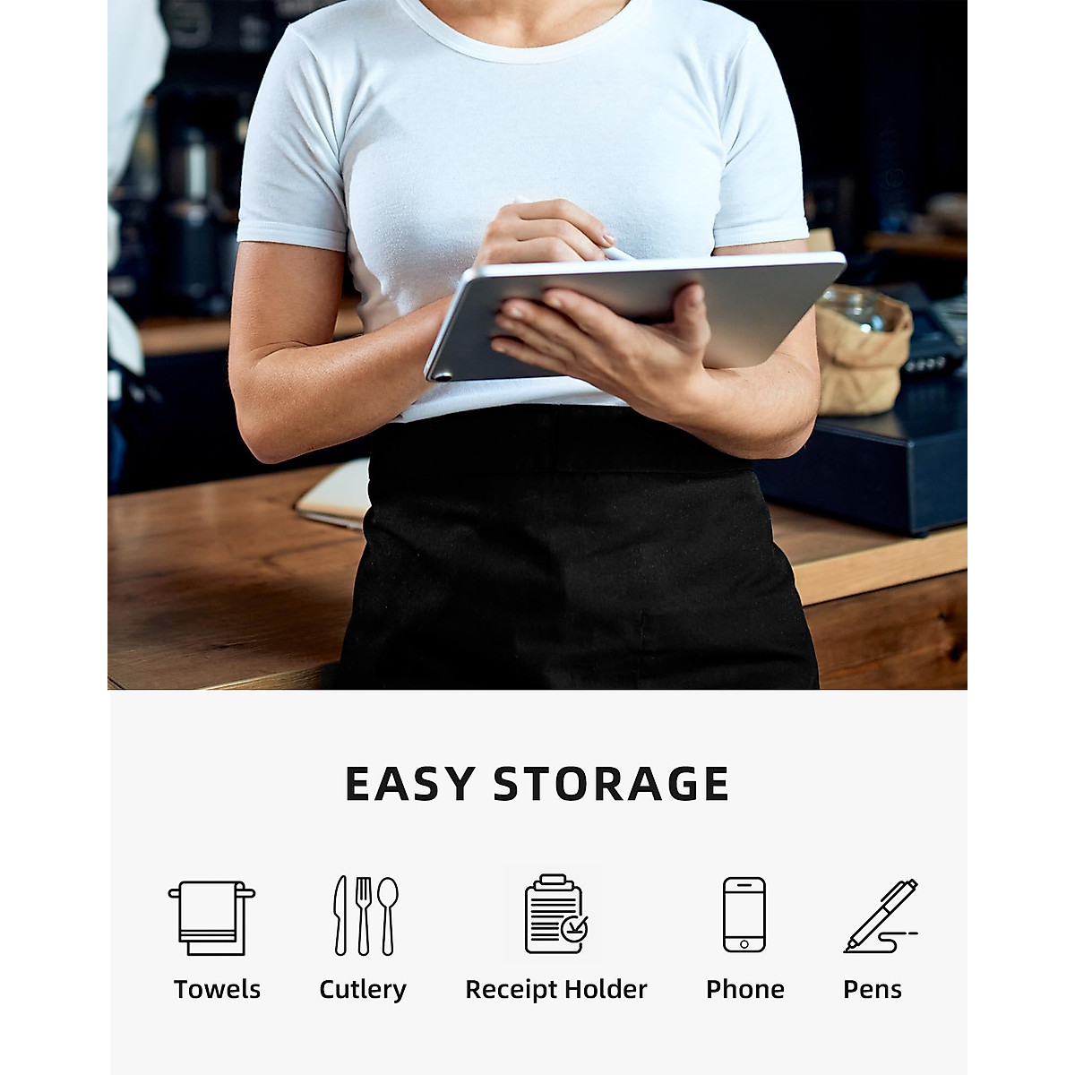 Xeoxarel Server Aprons with 4 Pockets, Unisex Waitress Waiter Waist Apron for Women and Man Half Black 11.5''