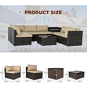 IJIALIFE 8 Pieces Patio Furniture Set, All-Weather Sectional Sofa PE Rattan Wicker Patio Outdoor Conversation Set with Thickened Cushions and Coffee Table (Brown Wicker/Khaki Cushion)