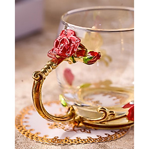 ColoVie Glass Tea Cups Set with Spoon, Coaster- 3D Red Flower Butterfly Coffee Mugs- Lead-Free Glass Coffee Cups- Best Birthday Gifts for Her, Women, Mom- Enamels Mug- Mothers Day Gifts from Daughter