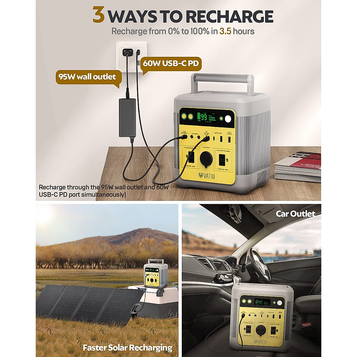 VATID Portable Power Station, 600W 518Wh Solar Generator,3.5hrs 100% Recharge Solar Power Station with 110V AC,65W USB PD,LCD Screen,12V Regulated DC,Pure Sine Wave Battery Power Station for Hurricane