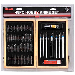 BLADE PRO 48 Pc Comprehensive Hobby Knife Set | Variety of Blades | Ergonomic Handles | Wooden Box 11" x 7" x 2" | Ultimate Craft Hobby Knife Blade Scapels For Precision Cutting Crafting