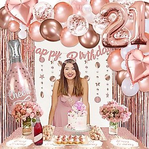 21st Birthday Decorations for Her - Rose Gold 21 Birthday Decorations, Rose Gold Banners, Balloons, Tablecloth, Fringe Curtain, Sash and Tiara for Women Girls Princess 21st Birthday Party Supplies