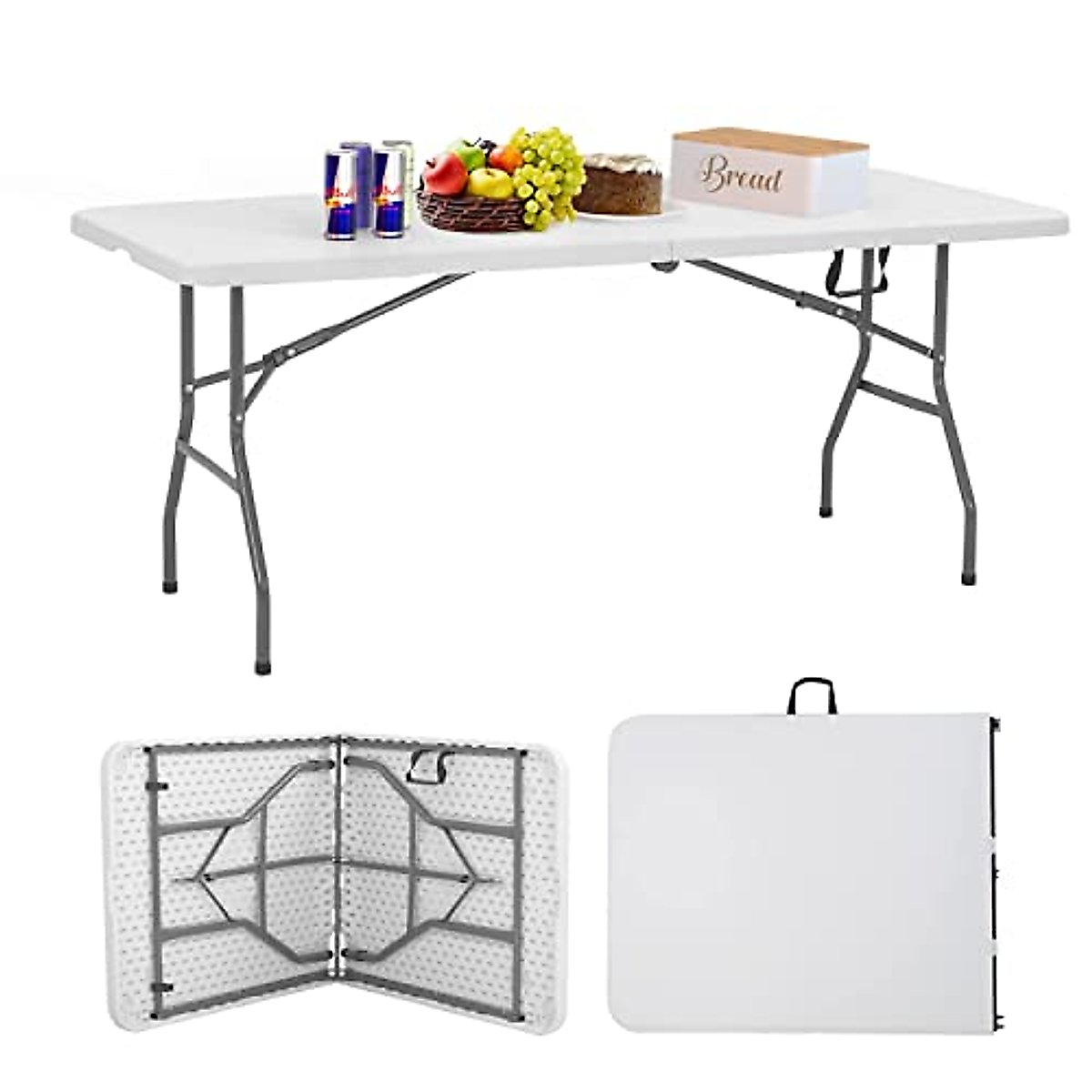 FDW Folding Tables, Plastic 6ft Folding Table,Half Portable Foldable Table for Parties, Backyard Events,White