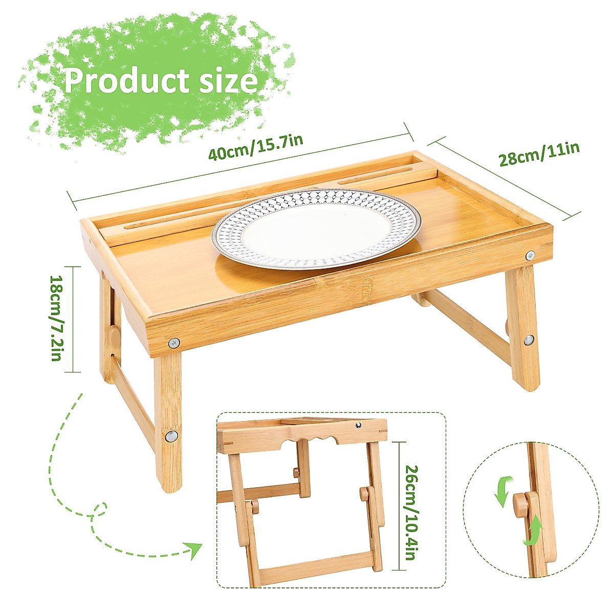 Moretoes 2pcs Bed Tray Table for Eating, Bamboo Breakfast Food Tray with Adjustable Folding Legs and Phone Holders for Sofa Laptop Desk Snack Tray