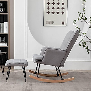 HOMMOW Nursery Rocking Chair with Ottoman, Comfortable Fabric Rocker Glider Chair with High Backrest,Grey Armchair Comfy Side Chair for Nursery Bedroom Living Room