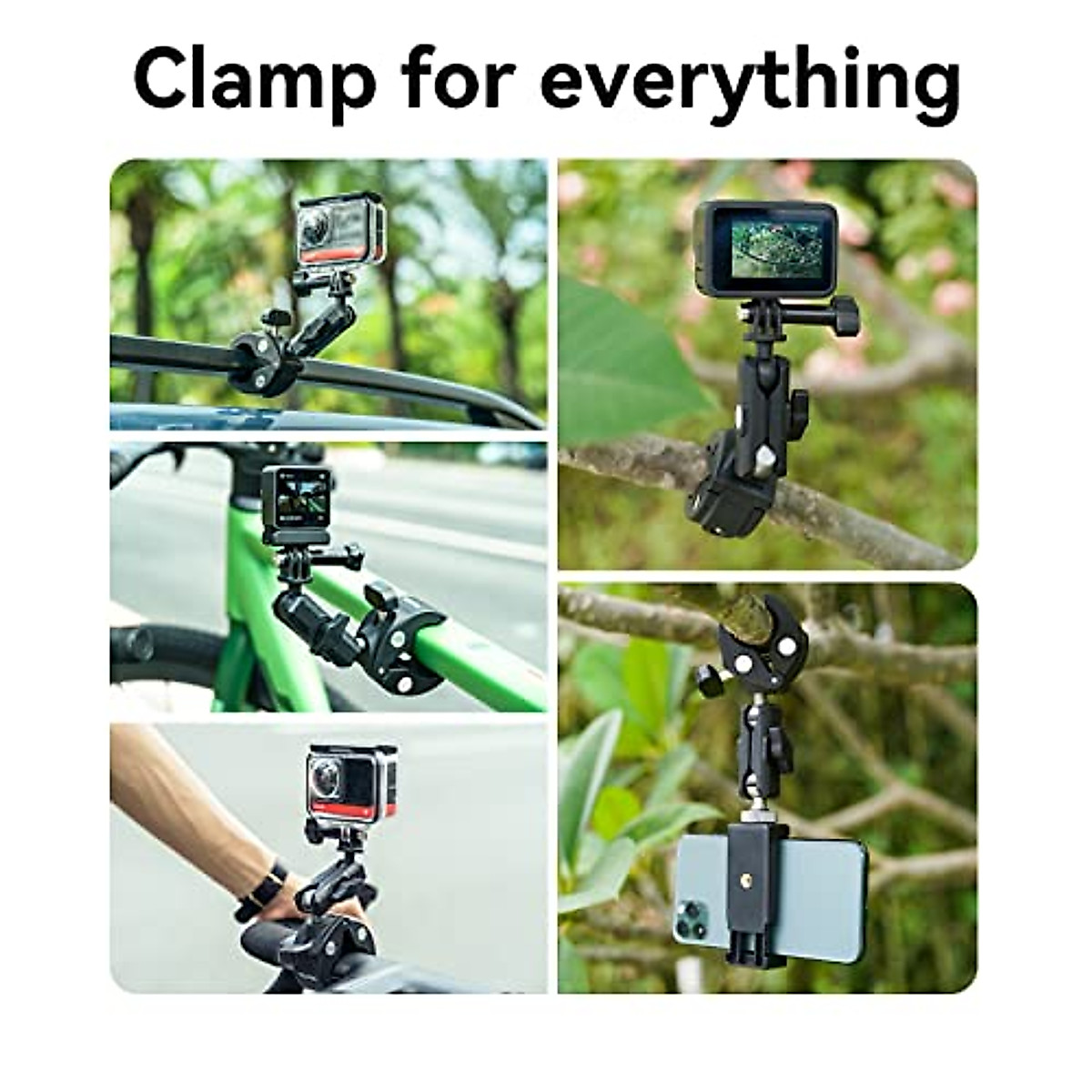 TELESIN Claw Clamp Mount + Extension Rod + Phone Holder Bundle Kit, 360 Dual Ball Head Gripper Monitor, Bicycle Bike Motorcycle Handlebar Boat Vehicle Clip for GoPro Insta360 AKASO Smartphone