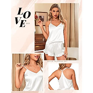 Leikar Silk Pajamas For Women Cute Cami Pajamas Sexy Satin Sleepwear White