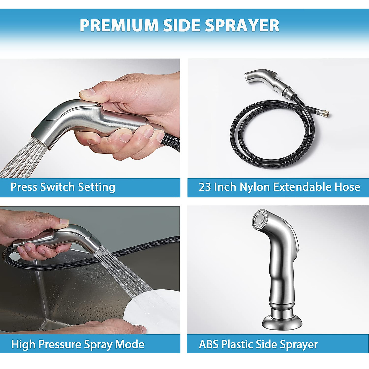 Kitchen Faucet with Sprayer, Brushed Nickel Stainless Steel Kitchen Sink Faucet with Side Sprayer, 3 Hole or 4 Hole Faucet for Kitchen RV Laundry Utility Sink