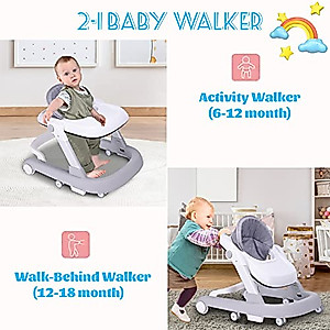 FUGUALIN Foldable Baby Walker for Boys and Girls, 2 in 1 Toddler Walker Learning-Seated or Walk-Behind, Adjustable Speed Rear Wheels, Safety Bumper, Detachable Seat Cover, Anti-Rollover