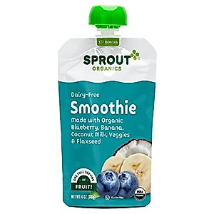 Sprout Organic Baby Food, Stage 4 Toddler Smoothie Pouches, Blueberry Banana with Coconut Milk, 4 Oz Purees 12 Count(Pack of 1)