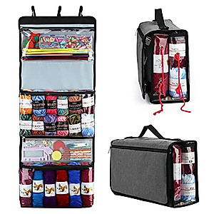 Ai CAR FUN Hanging Yarn Knitting Storage Organizer with 4 Compartments, Clear Wall Display Bulky Yarn Organizers Over The Door, Hanging Bags for Knitting Needles, Crochet Hooks