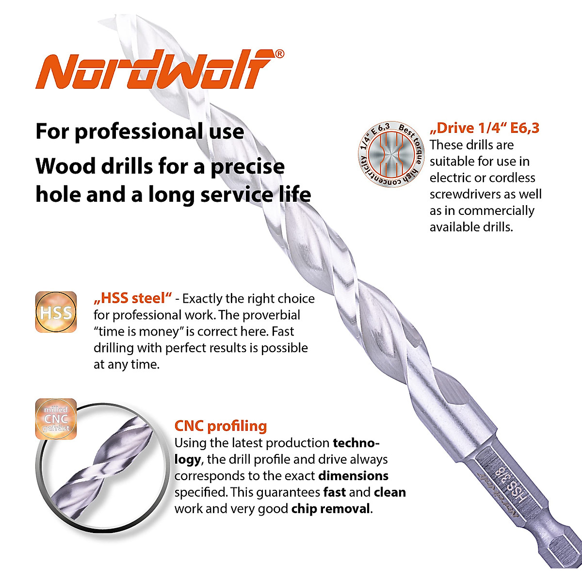 NordWolf 5-Piece HSS Brad Point Wood Drill Bit Set with 1/4" Hex Shank for Carpenter Woodworking, SAE Sizes 3/16"-1/4"-5/16"-3/8"-1/2"