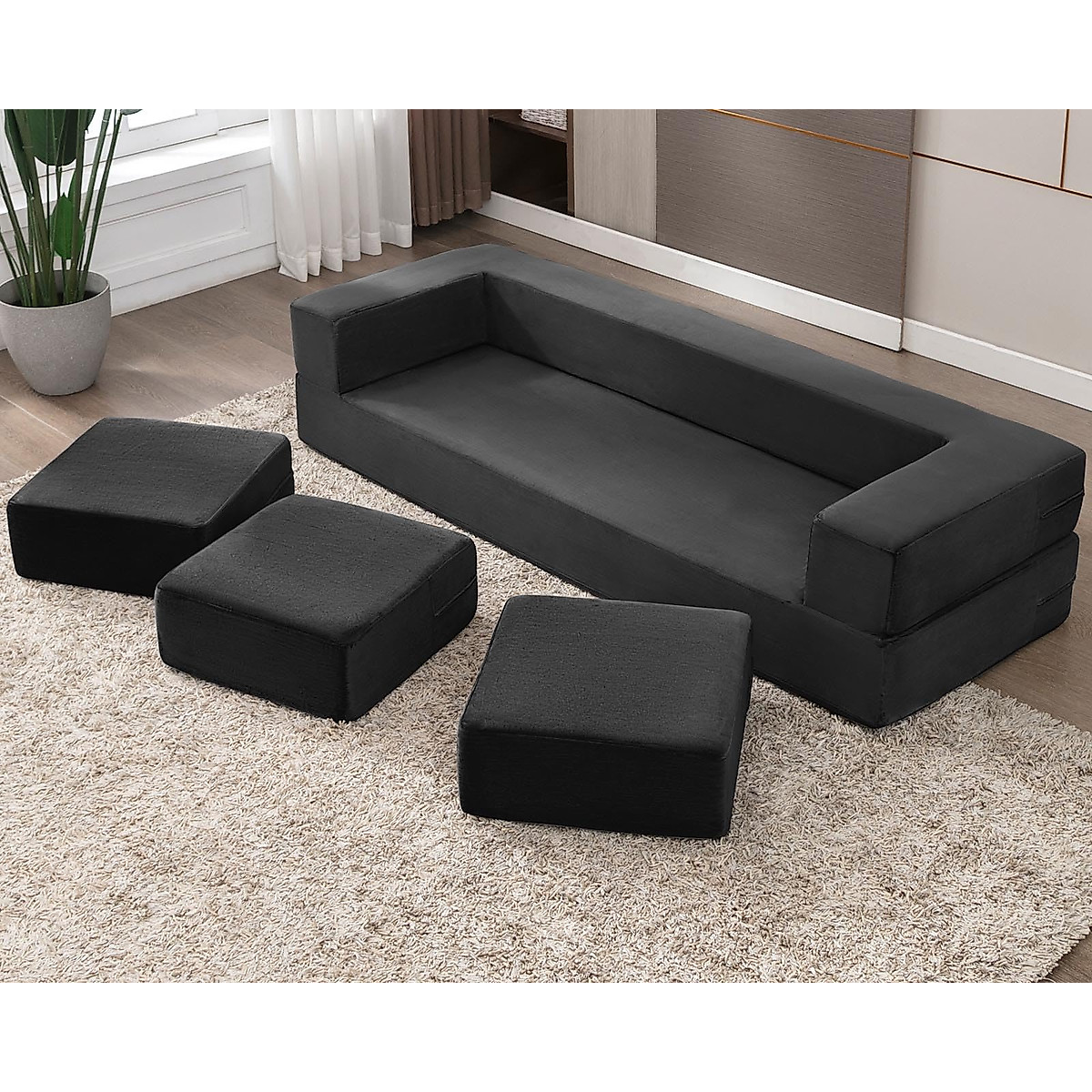 PUREMIND Folding Velvet Sofa Bed with 3 Ottomans, Convertible Floor Sofa, Foldable Sleeper Foam Bed, Comfy Futon Couch with Foam Mattress for Home Apartment Office and Dorm - Dark Gray