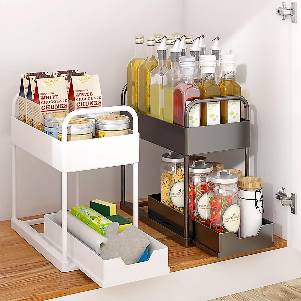 LONONE Under Sink Organizers and Storage Kitchen 2 Pack Under Sink Organizer Storage Pull Out Sliding Cabinet Organizer Pull Out Shelves Under Kitchen Sink,White