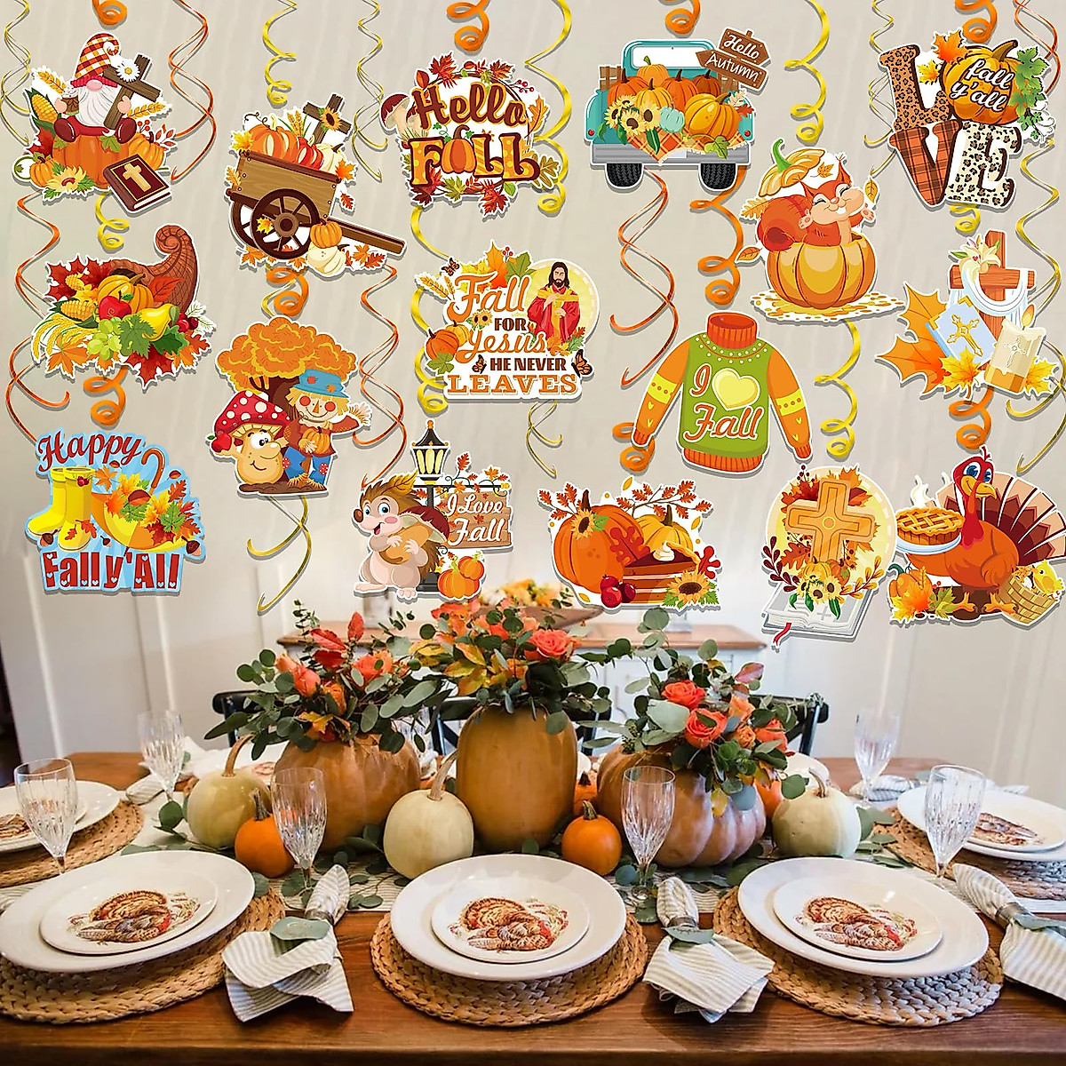 HOWAF Hello Fall Thanksgiving Pumpkin Hanging Swirls,30 Pack No DIY Fall for Jesus Autumn Harvest Foil Ceiling Swirl for Thanksgiving Fall Party Supplies, Fall Hanging Streamer
