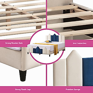 Mixoy Twin Size Kids Bed Frames,Upholstered Twin Platform Bed Frame for Children with Headboard,Toddler Bed for Boys & Girls, Teens,No Box Spring Needed, Easy Assembly(Blue/White,Twin)