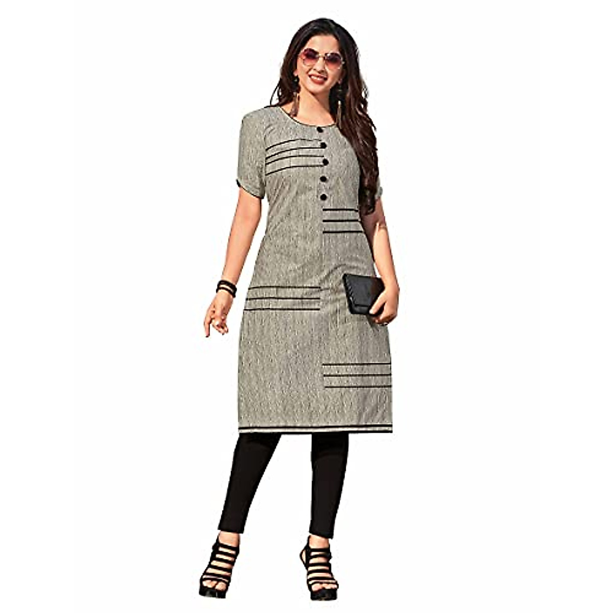 Miraan Women's Cotton Printed Readymade Kurti Small Grey