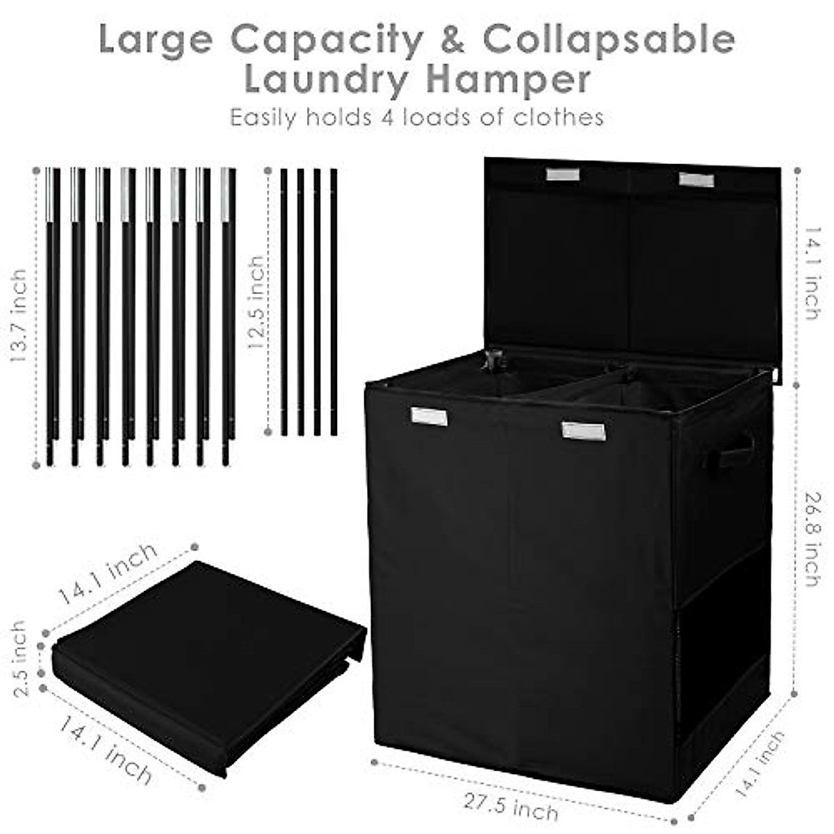 HOUSE AGAIN Double Laundry Hamper with Lid and Removable Laundry Bags, 160L, 2 Divider Dirty Clothes Hamper with Handles for Bedroom, Dorm, Foldable Laundry Basket Organizer, Dual hamper (Black)