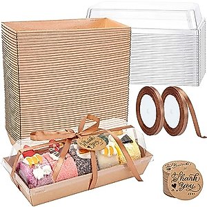 60 Pack Paper Charcuterie Boxes with Clear Secure Lids, 7.5 Inches Brown Bakery Boxes with 2 Rolls of Ribbon, Long Disposable Food Containers Treat Boxes for Macaroon, Cookies, Strawberry Dessert