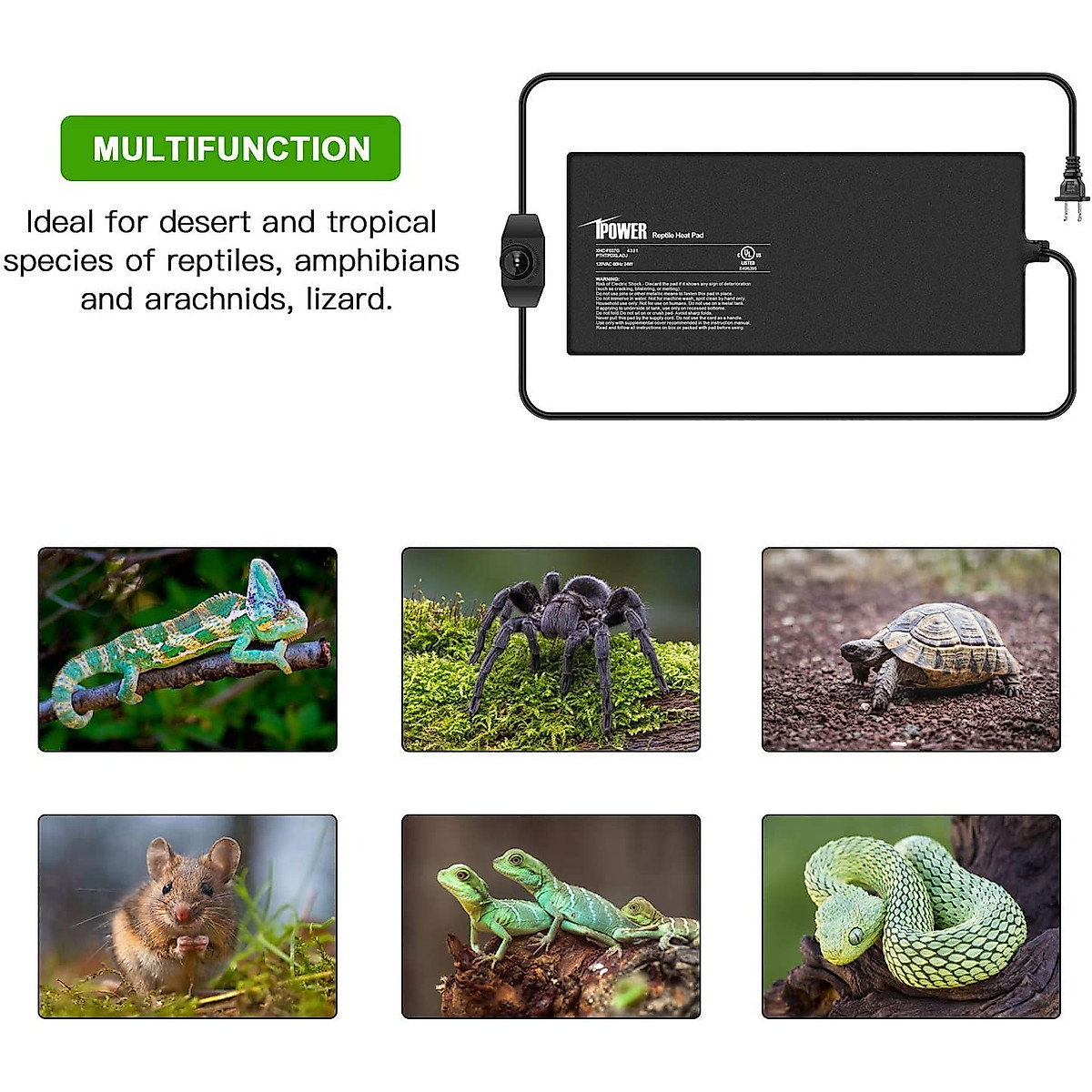 iPower 8 by 18-Inch 24 Watts Reptile Heating Mat with Temperature Controller Under Tank Warmer Terrarium Heat Pad for Reptiles and Amphibians, Black