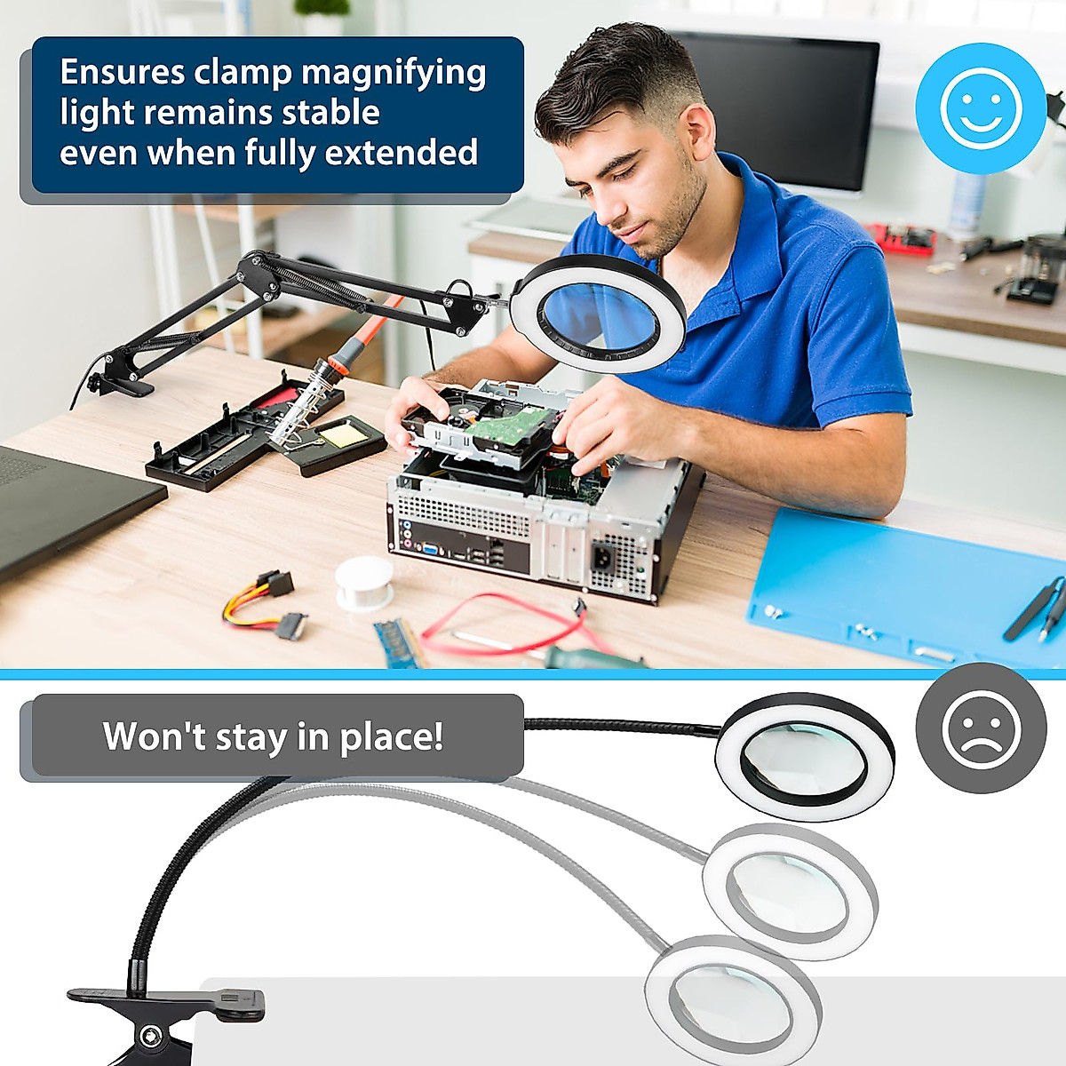 MagnieOpti 10X Magnifying Glass with Light and Clamp, 5 Color Modes Stepless Dimmable Real Glass Lighted Magnifier, Hands Free LED Magnifying Desk Lamp for Painting Craft Close Work Reading Repairing