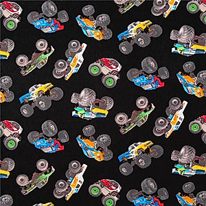 Black cotton fabric from the USA by Elizabeth's Studio, various colourful monster trucks (per 0.5 yard)