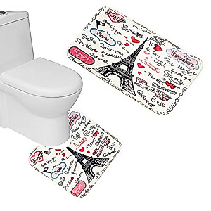 Amagical Paris Tower Decor Collection France Paris Oh La La Eiffel Tower Pattern 3 Piece Bathroom Mat Set Shower Curtain Set Bath Mat Contour Mat and Shower Curtain with 12 Hook