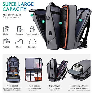 TANGCORLE Carry on Backpack Airline Approved for Men, Travel 50L Expandable backpack Luggage Fits 17.3 Inch Laptop with USB Charging Port(grey)