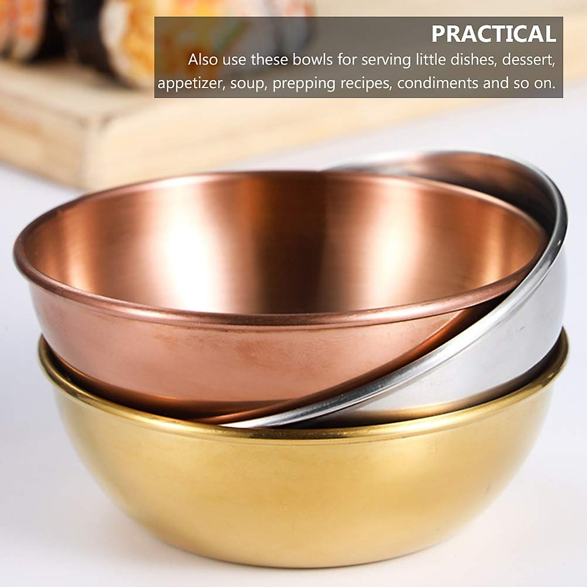 DOITOOL 4PCS Stainless Steel Sauce Dishes Round Sushi Dipping Bowls,Sushi Dipping Sauce Dishes Seasoning Dish Saucer Bowl Mini Appetizer Plate (Rose Gold,3.14X3.14X0.98inch)