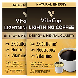 VitaCup Lightning Coffee Pods, Enhance Memory & Focus w/ 2X Caffeine, Green Coffee Bean, B Vitamins, D3, Strong Dark Roast Coffee, Recyclable Single Serve Pod Compatible w/Keurig K-Cup Brewers,32 Ct