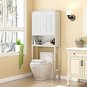 DMIDYLL Over The Toilet Storage Cabinet with Double Doors and Adjustable Shelves, Bathroom Storage Cabinet Over The Toilet, Toilet Organizer, White Wood