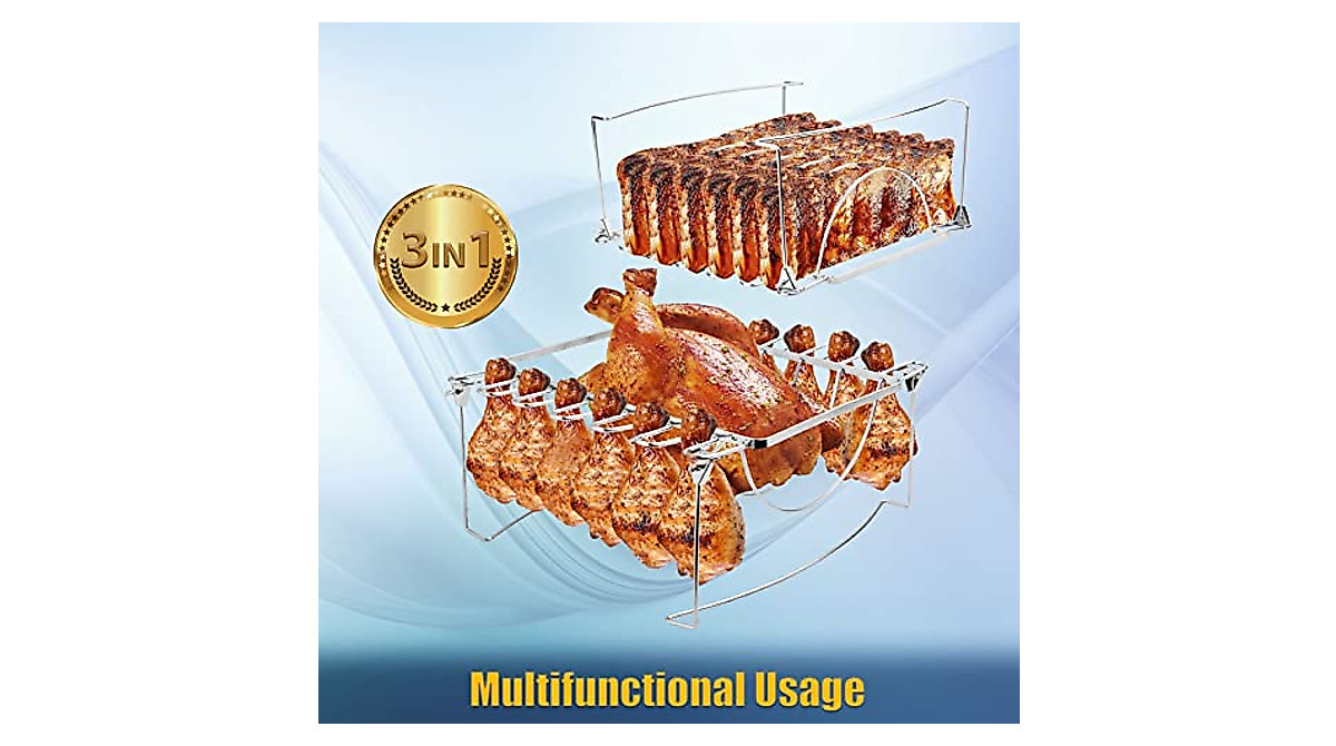 3-in-1 Rib Rack for Smoking & Chicken Leg Rack for Grill - Holds 6 ...