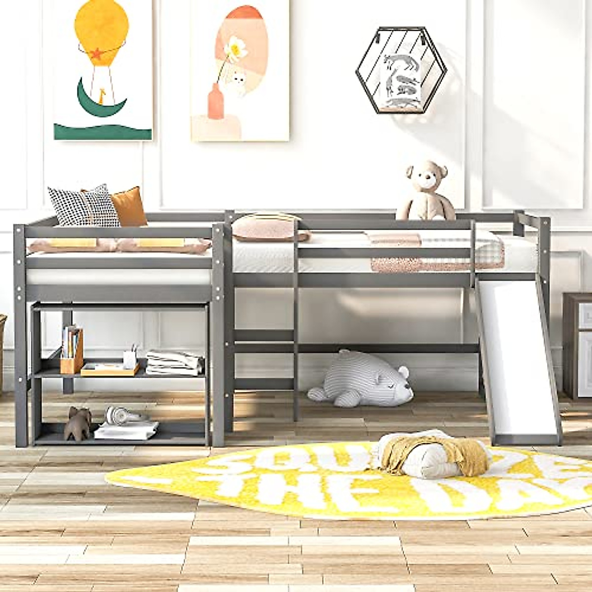 VilroCaz L-Shaped Twin Size Loft Bed with Widened Ladders and Slide, Solid Wood Loft Bed Frames with Safety Guardrail and Movable Bookshelfs for Kids, Teens, Girls & Boys (Gray)