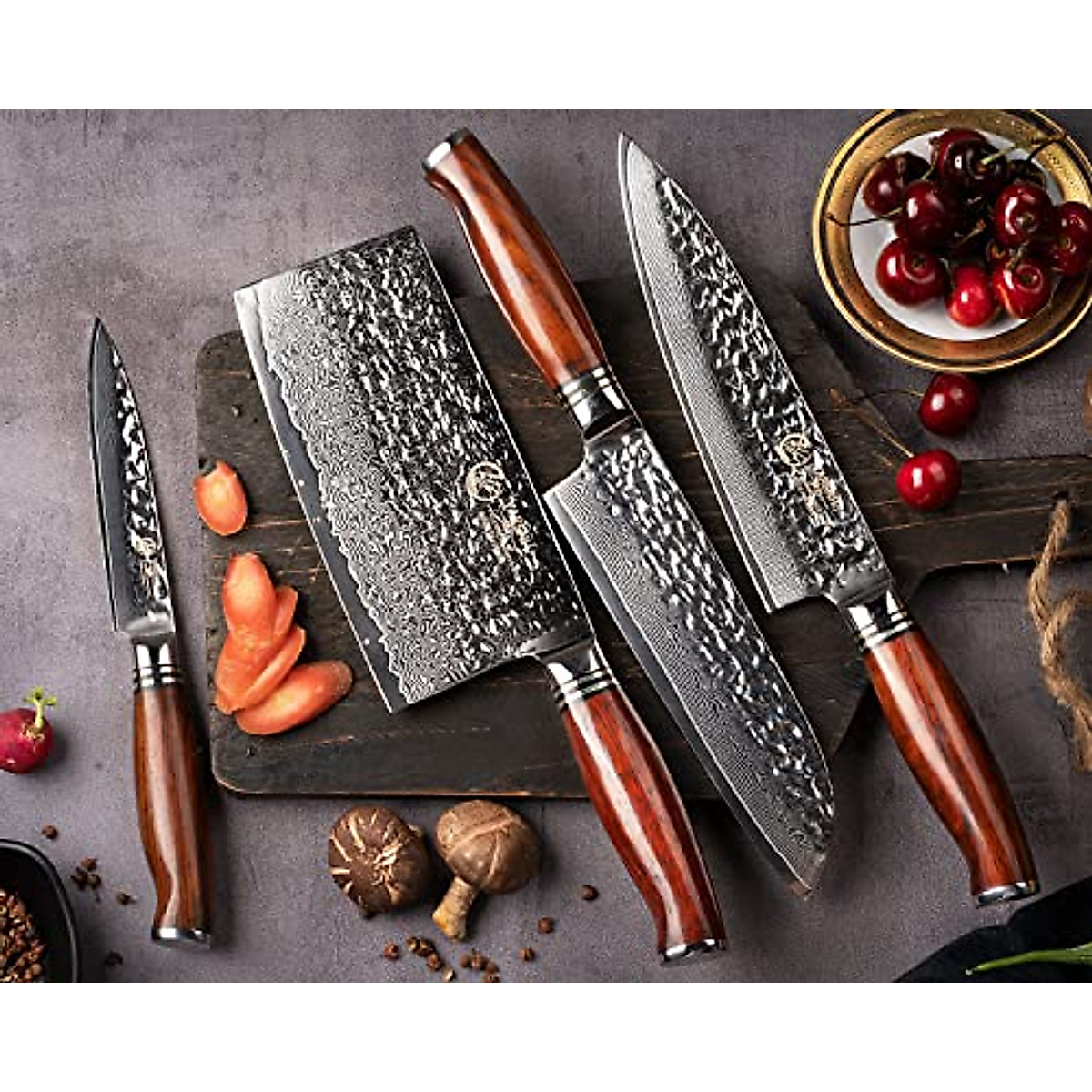 YARENH Kitchen Knife Set with Cleaver 4 Pcs, 73 Layers Damascus High Carbon Stainless Steel, Full Tang Natural Sandalwood Handle, Professional Chef Knife