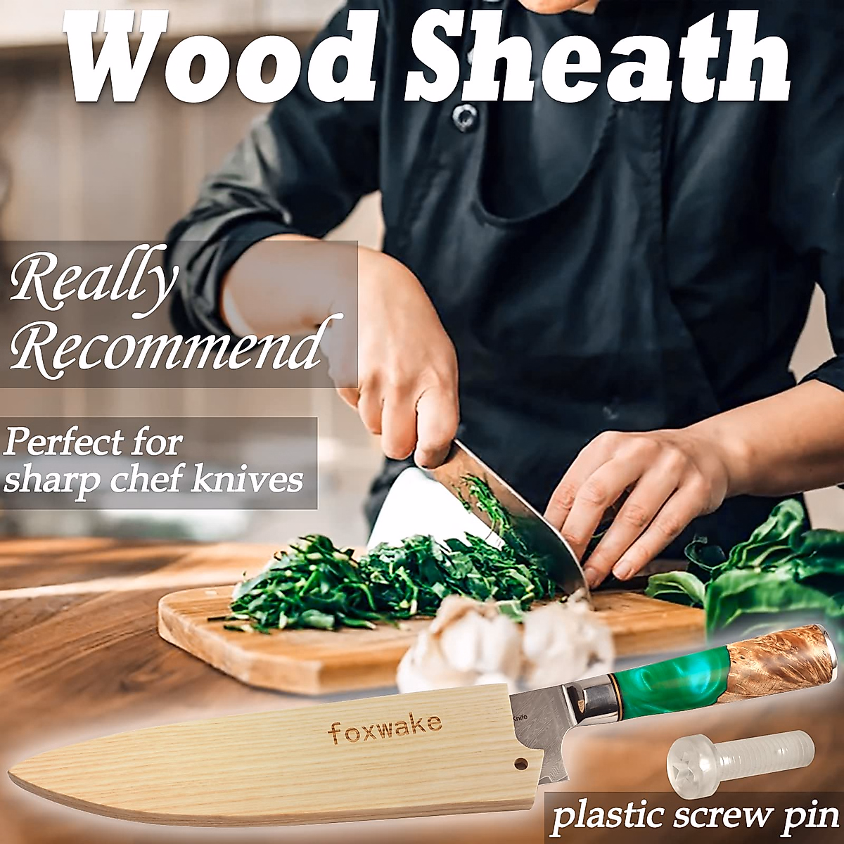 Foxwake Chef Knife Edge Guard, 8 Inch Wood Knife Sleeve, Knife Cover, Knife Sheath, Knife Blade Case with Pin, Single Knife Holder Fit for Gyuto Chef & Santoku Knife