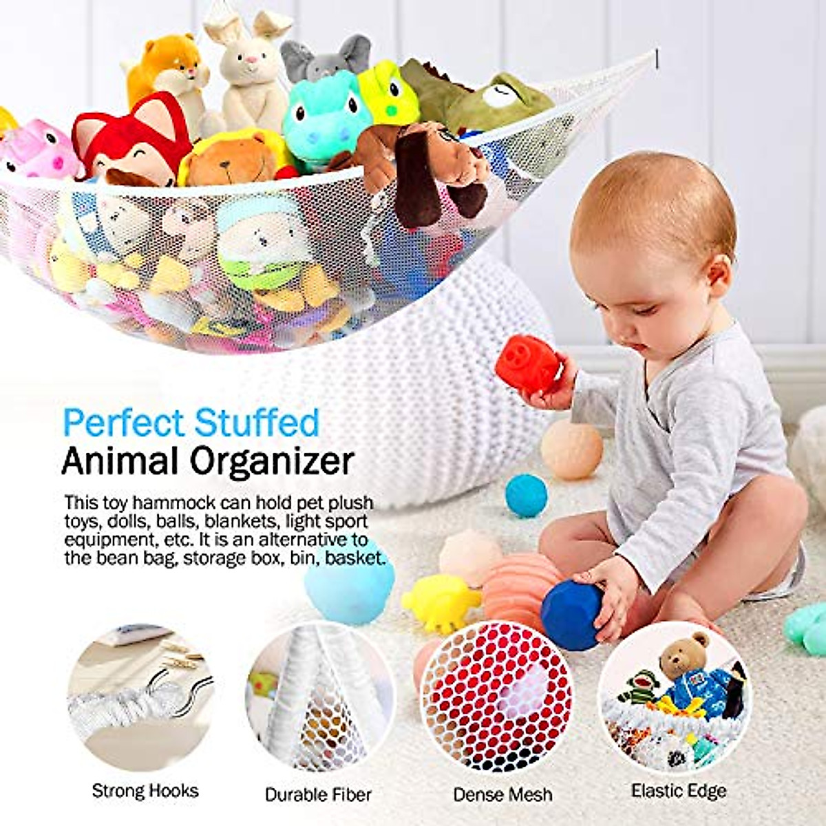 2 Pcs Hanging Mesh Storage Basket with 1 Stuffed Animals Toy Net Hammock, Hommtina Foldable Corner Organizer 3 Tier, Neatly Organize Kid’s Plush Toys and Save Space (Blue+Purple)