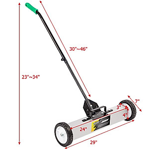 TUFFIOM 24-Inch Rolling Magnetic Pick-Up Sweeper | 30-LBS Capacity, with Quick Release Latch & Adjustable Long Handle, for Nails Needles Screws Collection